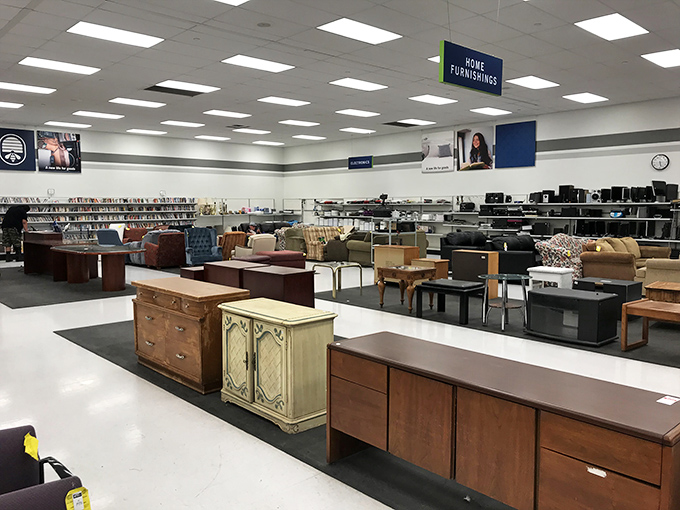 The furniture section resembles a living room museum spanning decades of design choices&mdash;some questionable, all affordable.