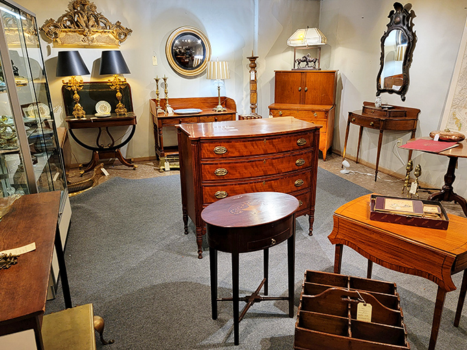 A furniture arrangement so perfect it makes you question your own living room's life choices. That mahogany chest has better posture than most people.