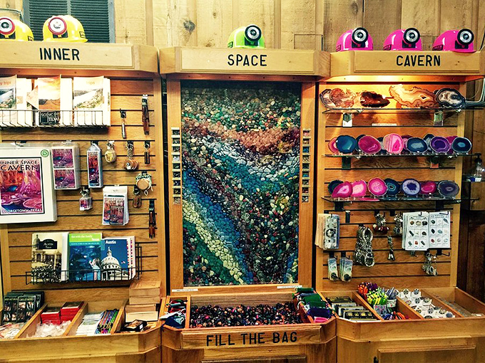 The gift shop offers colorful mementos of your underground adventure, with geodes and crystals that let you take a piece of geological wonder home.
