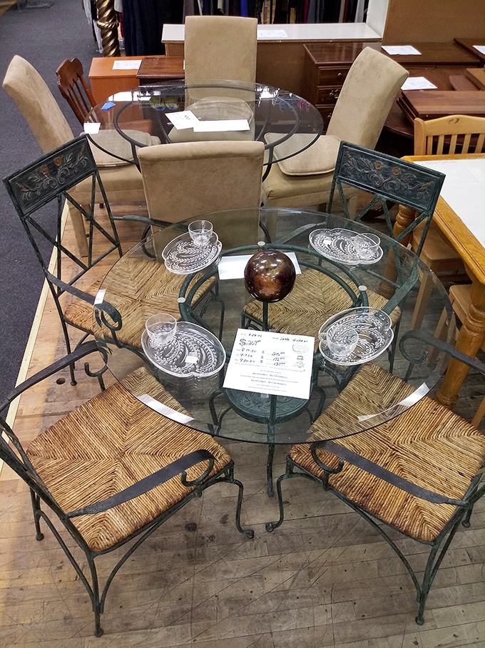 Breakfast nooks of the future! These wrought iron beauties with their woven seats whisper tales of leisurely weekend brunches and crossword puzzles.