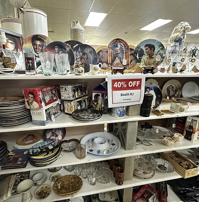 Elvis hasn't left this building&mdash;his image watches over a kingdom of commemorative plates, crystal glassware, and vintage collectibles waiting for their next admirer.