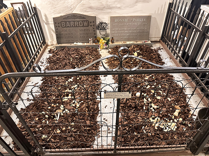 A recreation of Bonnie and Clyde's final resting places. Despite their wishes to be buried together, they remain separated even in death.