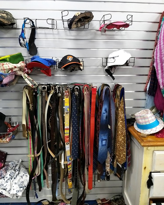 The accessories wall&mdash;where forgotten neckties and baseball caps begin their second acts. One person's "meh" is another's "magnificent!"