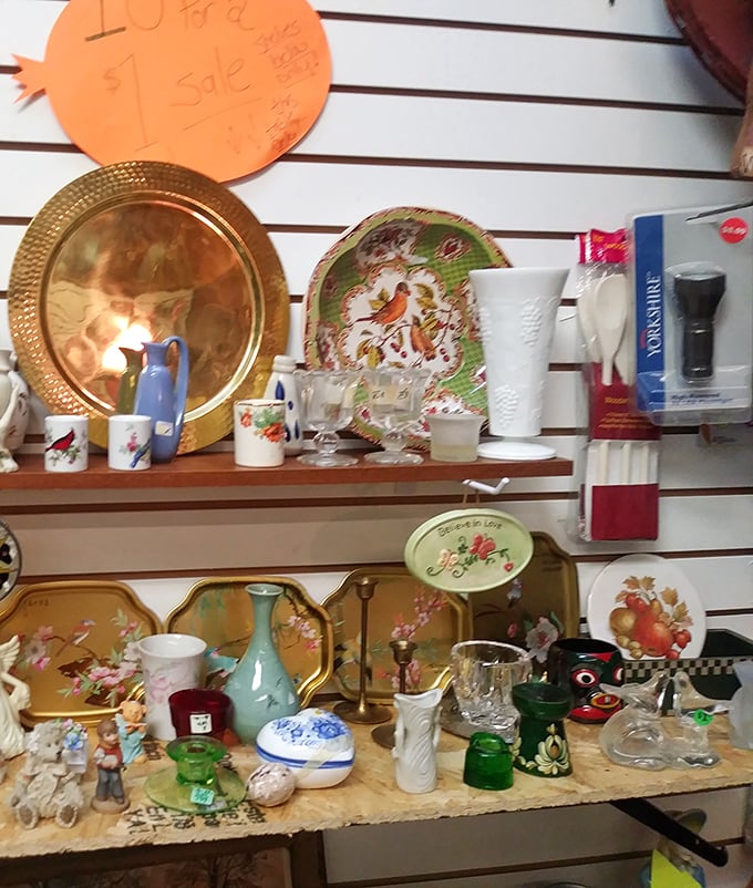 Vintage plates, vases, and decorative treasures await new homes&mdash;each piece whispering stories of dinner parties and special occasions from decades past.