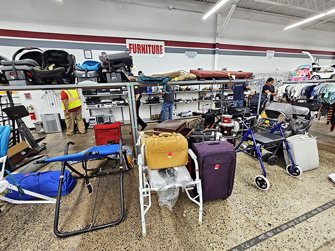 From luggage to walkers, the home essentials section is where practical meets affordable. That purple suitcase is just waiting for its next adventure.