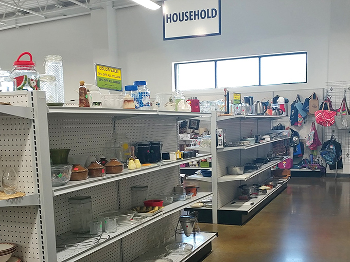 The household section beckons with mismatched dishes that somehow look more charming than your matching set at home.