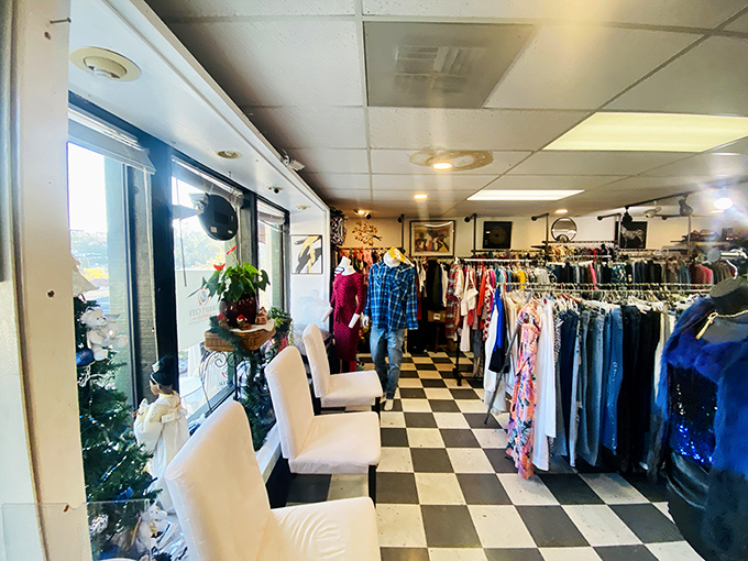 White chairs offer a moment of respite for weary shoppers. Even the most dedicated bargain hunters need a breather sometimes.