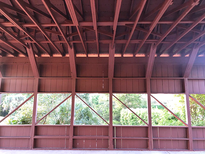 Looking up inside reveals the impressive wooden skeleton, a cathedral-like geometry of beams and trusses that's stood strong through decades of hurricanes.
