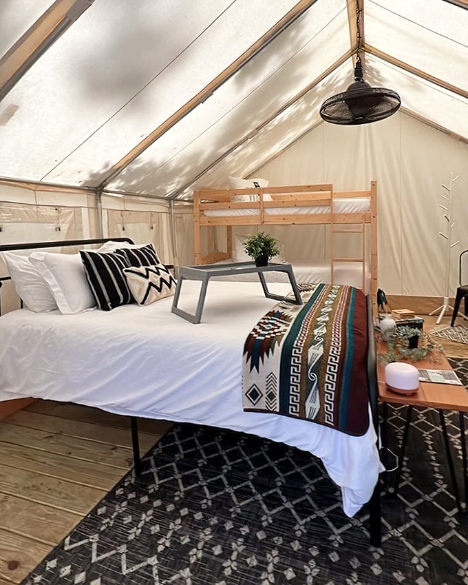 Glamping reaches new heights with these luxurious tent accommodations. Who knew roughing it could include actual bedding?