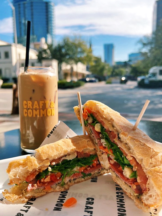 Taking coffee and sandwich to go feels like stealing treasure. The Italian sandwich and iced coffee make downtown Orlando your personal picnic ground.