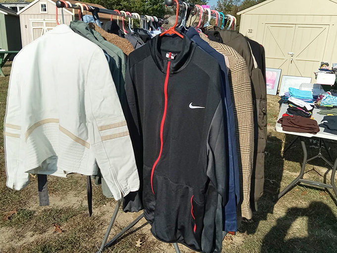 The jacket rack &ndash; where vintage Nike meets classic tweed, and both are just waiting for their second act in someone's wardrobe rotation.
