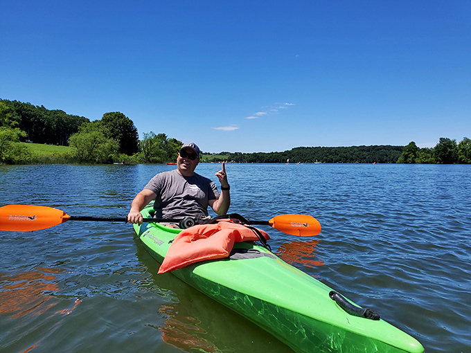 A paddler finds his happy place on Marsh Creek Lake. The water is his highway, the paddle his passport to discovery.
