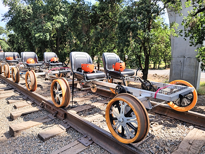 All aboard the mini-express! These hand-powered rail riders prove you're never too old (or young) for a bit of track-based cardio.