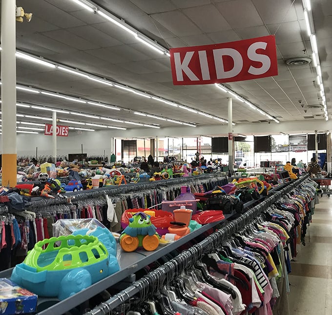 The kids' section: where parents' budgets breathe easy and children can actually grow into their clothes instead of out of them.