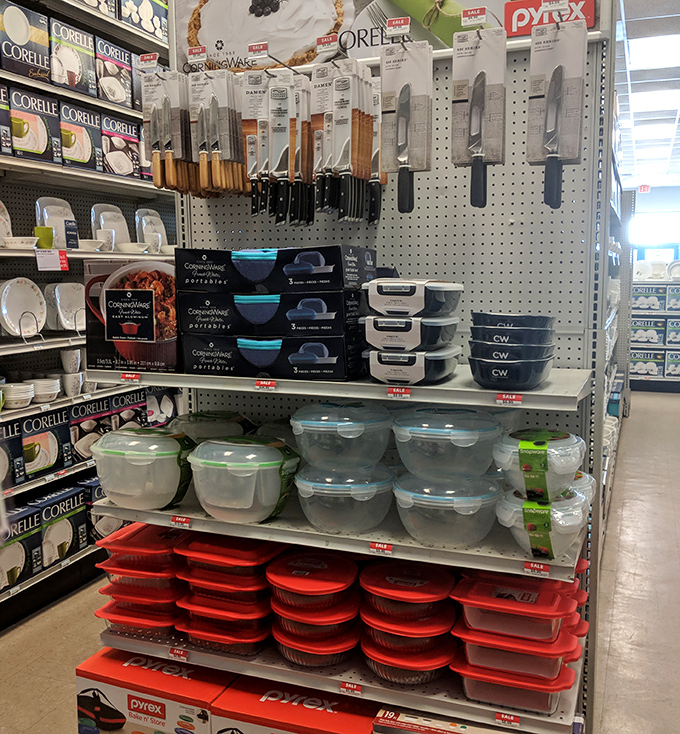 Kitchen gadget paradise where even non-cooks suddenly envision themselves as the next Food Network star. Pyrex containers never looked so appealing.