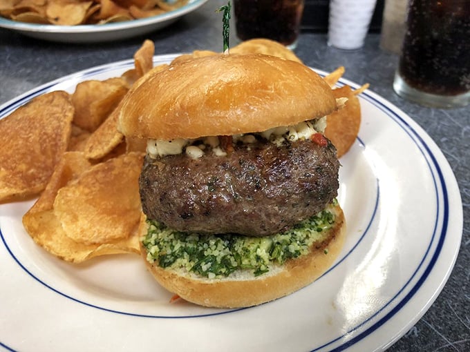 This isn't just a burger&mdash;it's a statement. The pesto base adds an unexpected twist that somehow feels like it was always meant to be there.