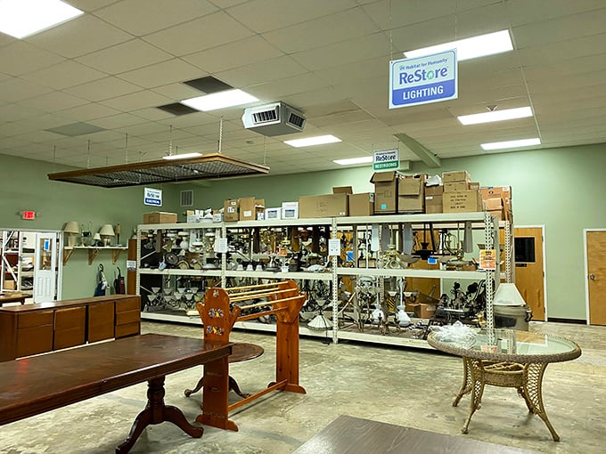 The lighting section glows with potential. That perfect chandelier for your dining room might be hiding between these rows of table lamps and fixtures.