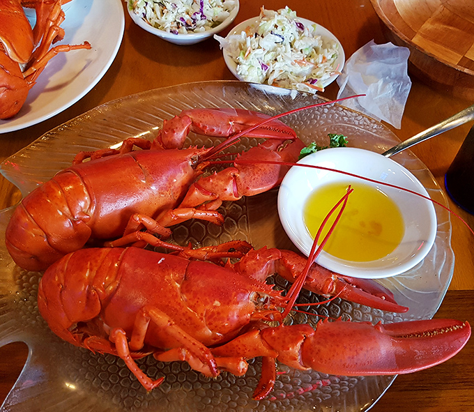 Two crimson lobsters on a platter with drawn butter&mdash;nature's perfect food. Even the lobsters look happy to be here!