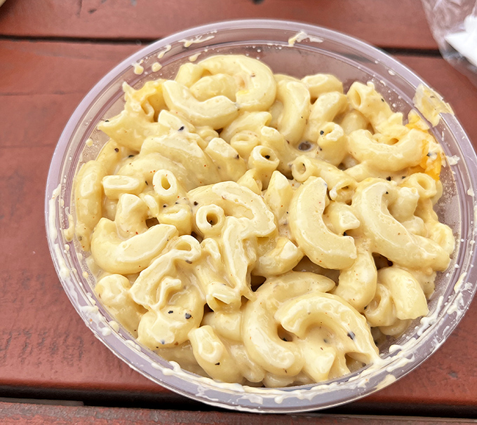 Mac and cheese that doesn't know it's a side dish—creamy, rich, and bold enough to demand equal billing with the smoked stars.