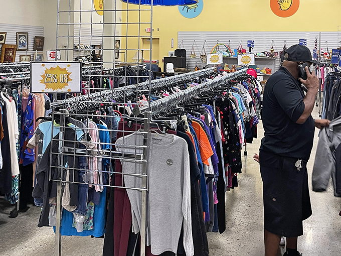 The clothing racks go on forever, offering more wardrobe options than most people's closets without the commitment issues.