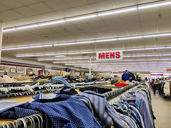 The men's department: where Hawaiian shirts from vacations past and business attire from retired executives find common ground waiting for their next adventure. 