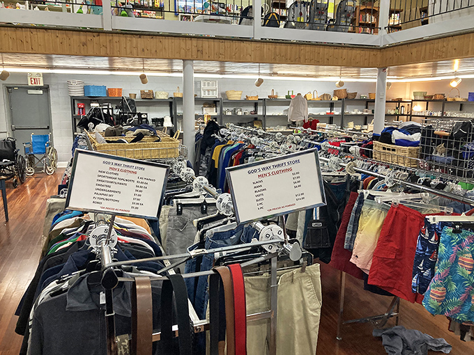 The men's department offers everything from beach casual to boardroom ready. That blue puffer jacket has stories to tell.