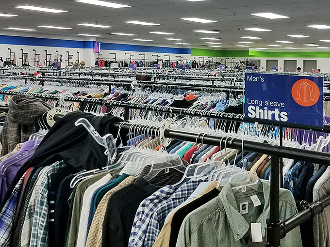 Men's shirt paradise! Where flannel dreams and business casual aspirations hang side by side in perfect, budget-friendly harmony.