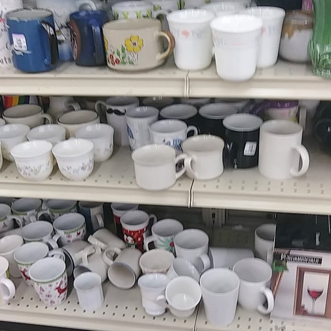 The mug section: where coffee vessels of past decades gather like old friends at a reunion, waiting for new morning routines.