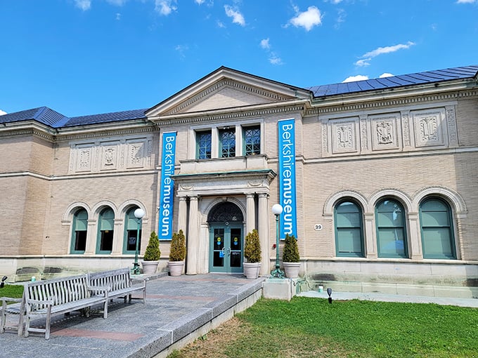 The Berkshire Museum's classical facade promises art, history, and aquarium exhibits all under one roof at reasonable admission rates for curious minds.