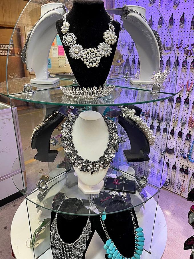 Sparkle central! This elegant display of statement necklaces proves that at Greenwood, you can dress like royalty without needing the royal budget.