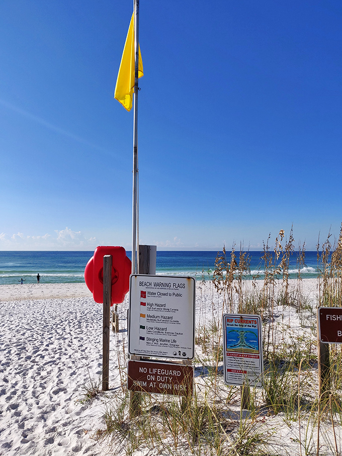 The yellow flag stands guard like a cheerful sentinel. Beach safety signs: the only reading material you should worry about on vacation.