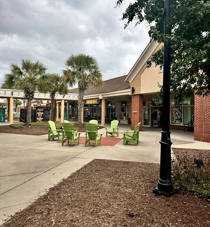 The lime green Adirondack chairs beckon weary shoppers like oases in a desert of deals&mdash;perfect for that mid-shopping ice cream break.