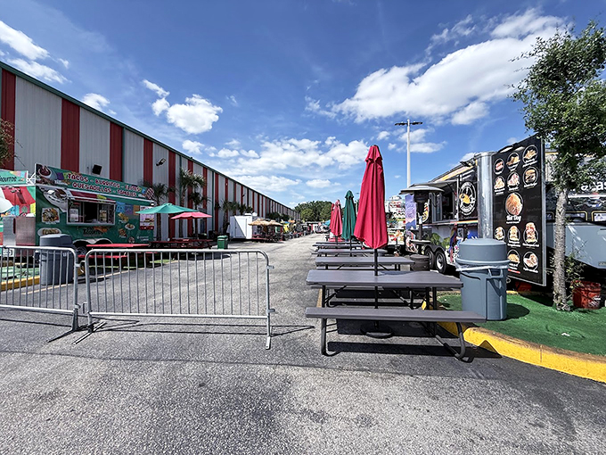 The outdoor marketplace: where Florida sunshine meets international flavors, and picnic tables become the great equalizer of dining experiences.