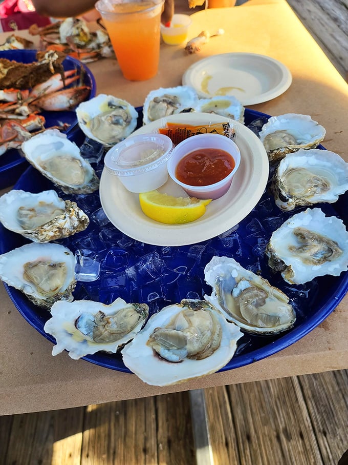 A blue platter of possibility&mdash;fresh oysters on the half shell with all the traditional accompaniments, just waiting to slide down your throat and make your day.