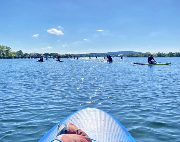Stand-up paddleboarders glide across the water, making it look easier than parallel parking has ever been.