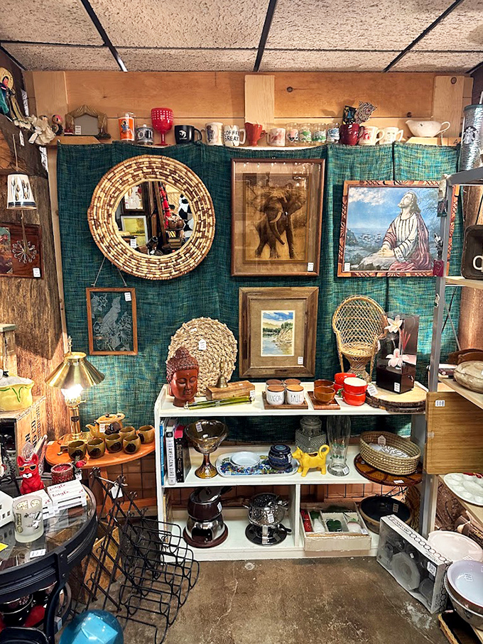 A gallery wall in progress! These framed treasures range from spiritual to whimsical, proving that one person's outdated decor is another's "vintage-inspired design aesthetic."