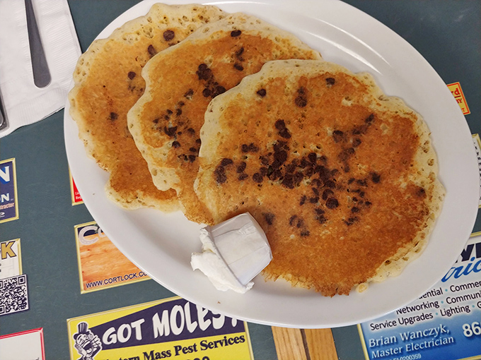 Pancakes with chocolate chips scattered like delicious polka dots. Add butter and maple syrup, and suddenly Monday morning feels like Saturday.