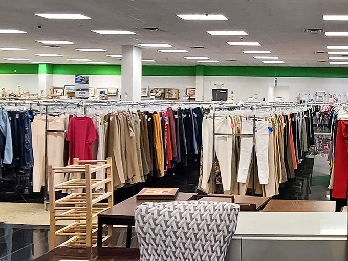 A rainbow of pants awaits new legs to fill them. Like a fashion time capsule, these racks chronicle America's evolving relationship with waistbands and hemlines.