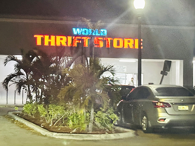 Even after dark, the World Thrift sign glows like a lighthouse, guiding night owls to late-evening bargain expeditions.