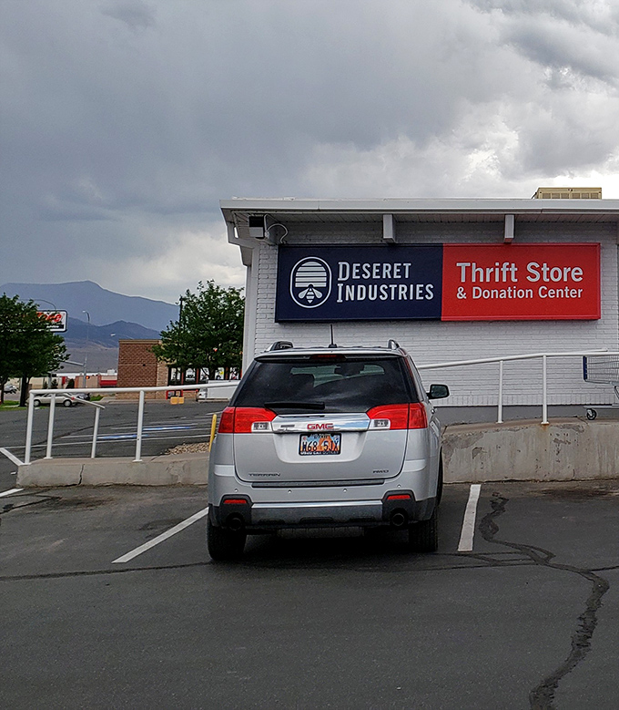 Storm clouds gathering overhead just add drama to your thrift store adventure, like nature approves of your frugal shopping expedition.