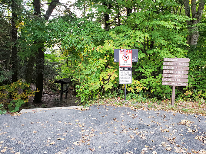 Trail signs mark the beginning of your Bash Bish adventure, where "No Swimming" warnings remind visitors that some beauty is meant for eyes only.
