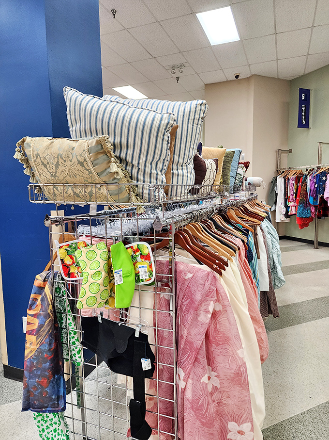 The pillow section: where coastal Florida style meets practical comfort. Those blue striped beauties would make any lanai feel like a boutique hotel.