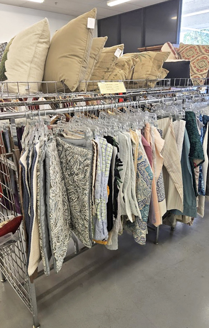 Textile treasures await! These racks hold the secret ingredients to transform any Florida condo from "just moved in" to "been here forever."