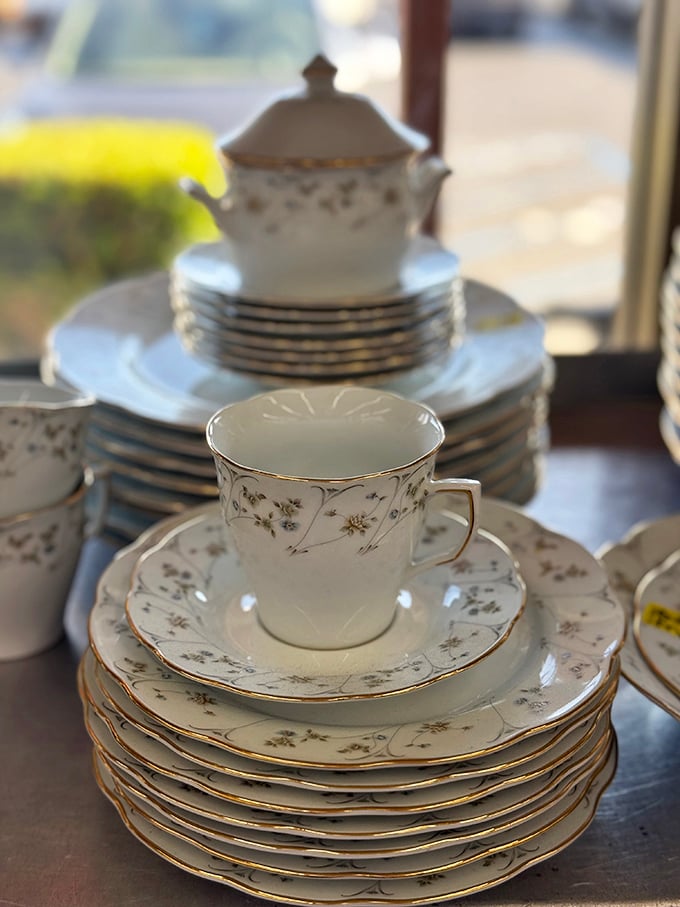 Delicate china with gold trim whispers of formal dinners past, now available to grace your table for less than the cost of takeout.