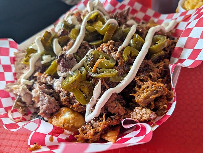 Pork nachos that blur the line between Southern BBQ and Tex-Mex &ndash; a cross-cultural romance on a red checkered paper.