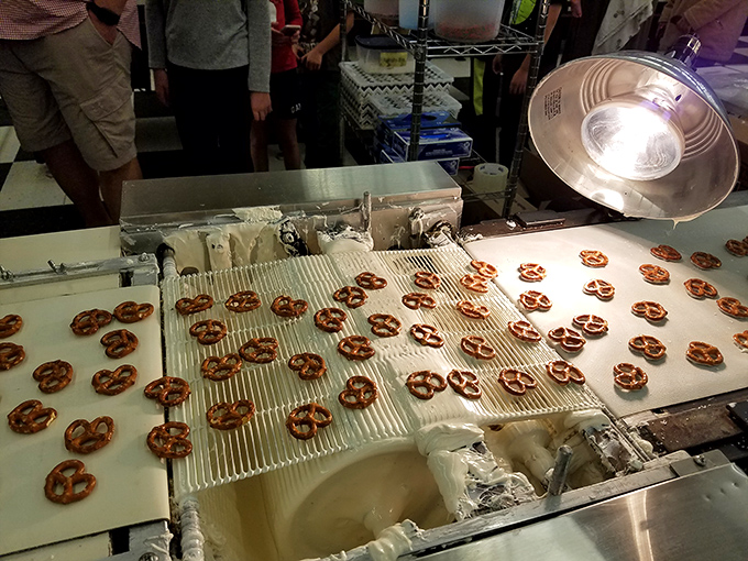 Pretzels awaiting their chocolate baptism – like tiny twisted sunbathers lined up for the most delicious tan they'll ever receive.