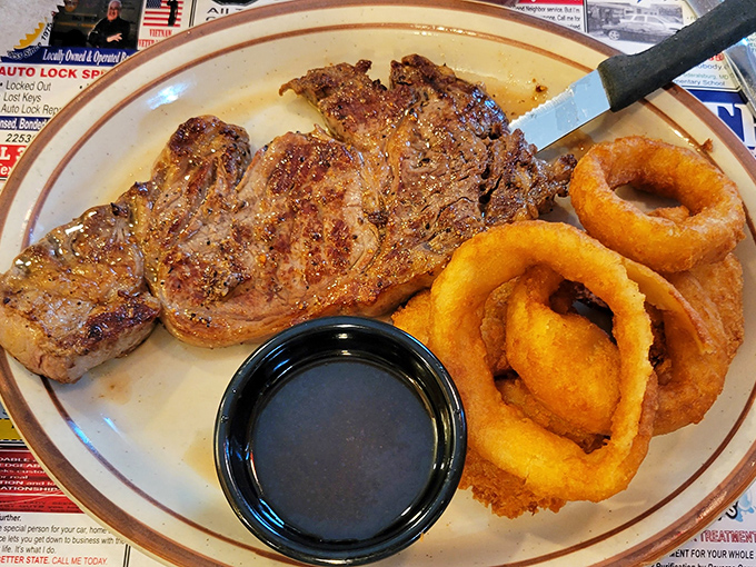 The star of the show: perfectly seasoned prime rib with a savory crust that delivers on the promise in the diner's roadside boast.