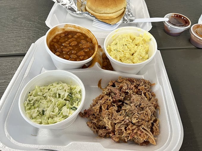 The pulled pork platter &ndash; a holy trinity of meat, slaw, and beans that makes you wonder why you'd ever eat anything else.