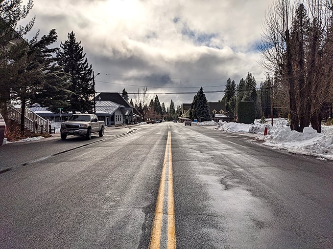 Winter transforms McCloud's streets into a postcard-perfect scene where traffic jams involve two cars and a wandering deer.