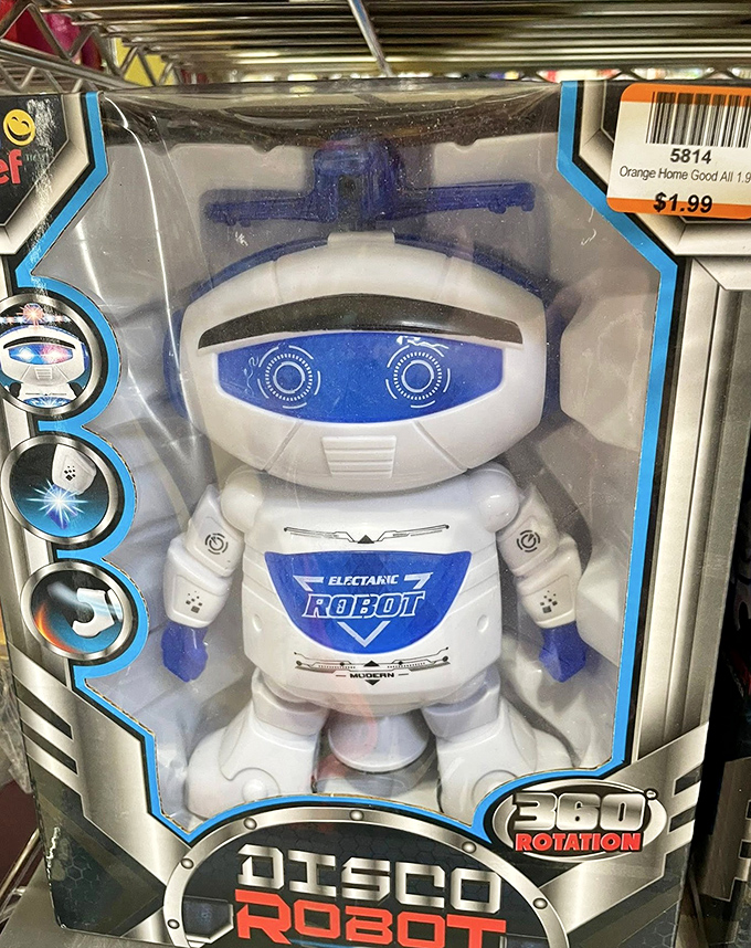 "Disco Robot" stands at attention in his original packaging. Yesterday's futuristic toy becomes today's nostalgic treasure for just $1.99.